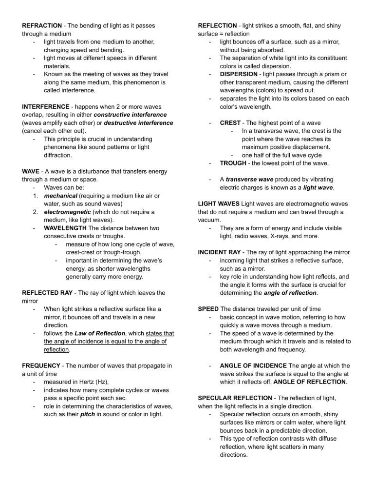 Wave Properties: Refraction, Reflection, Interference Study Notes