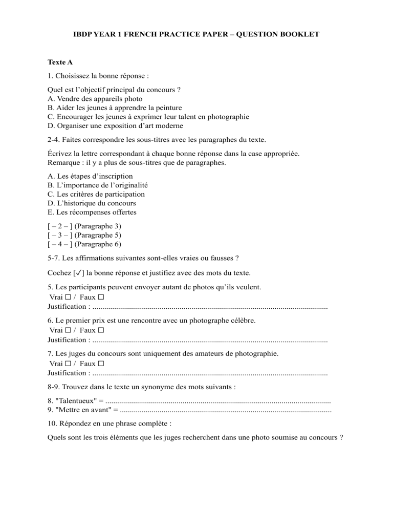 Épreuve d'entraînement de français IBDP - Année 1