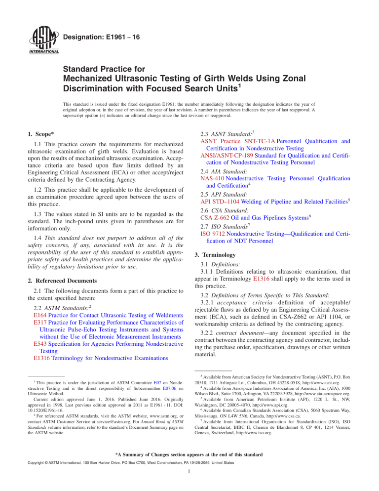 Ultrasonic Testing of Girth Welds: Standard Practice E1961