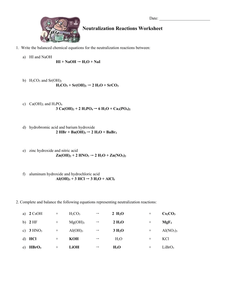 Neutralization Reactions Worksheet: Chemistry Practice
