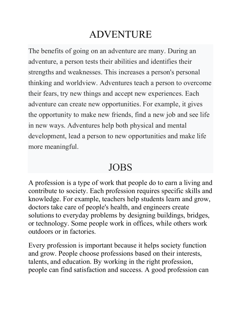 Adventure, Jobs, Weather: Informational Text