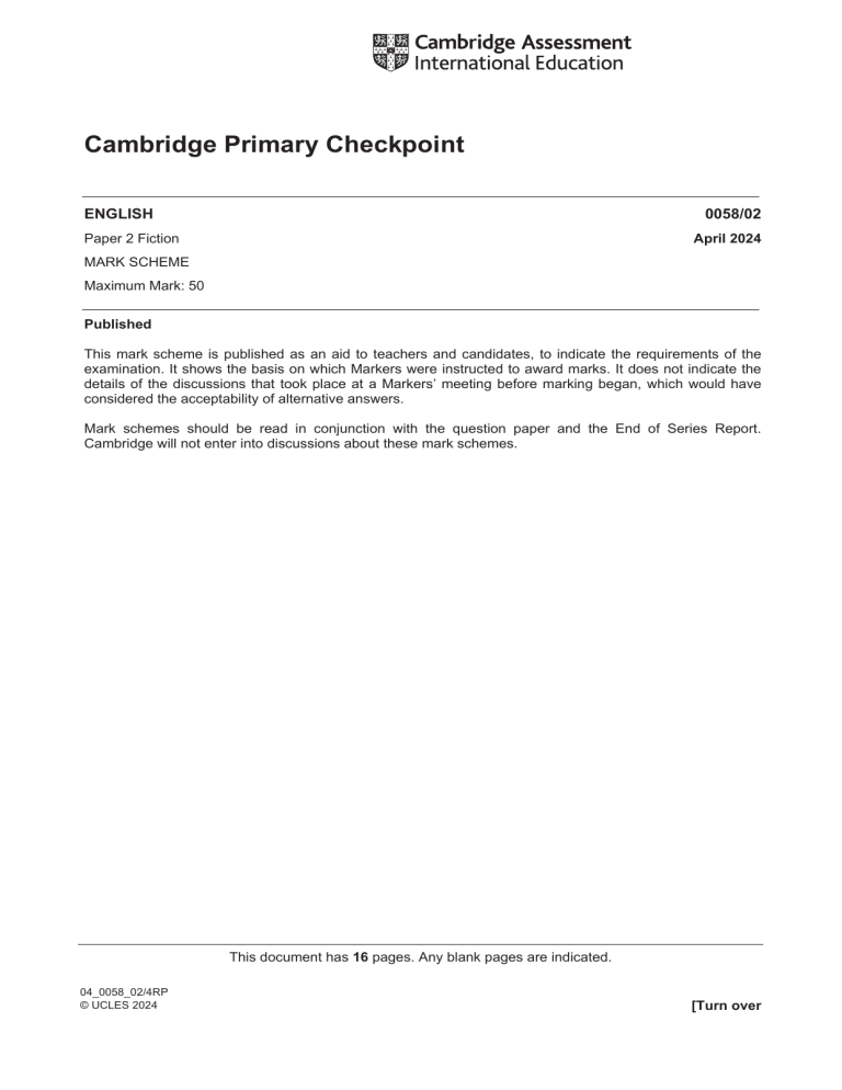 Cambridge Primary Checkpoint English Mark Scheme - April 2024