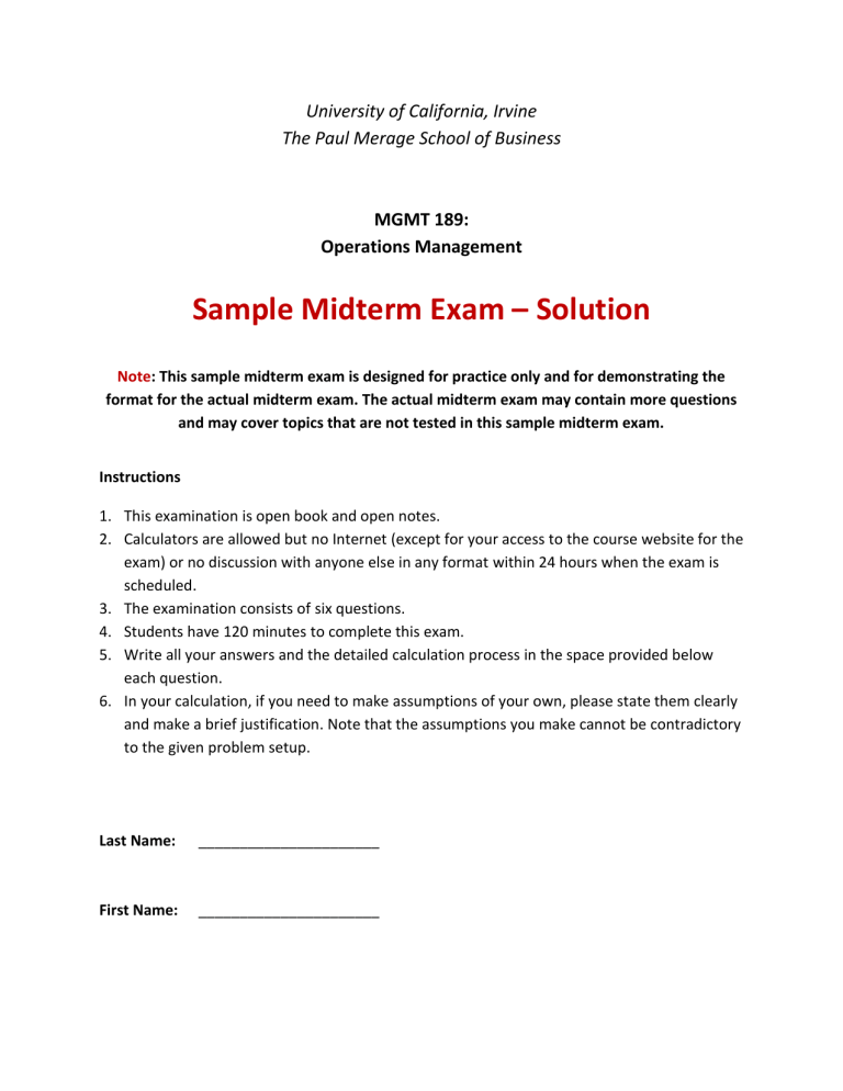 Operations Management Midterm Exam with Solutions