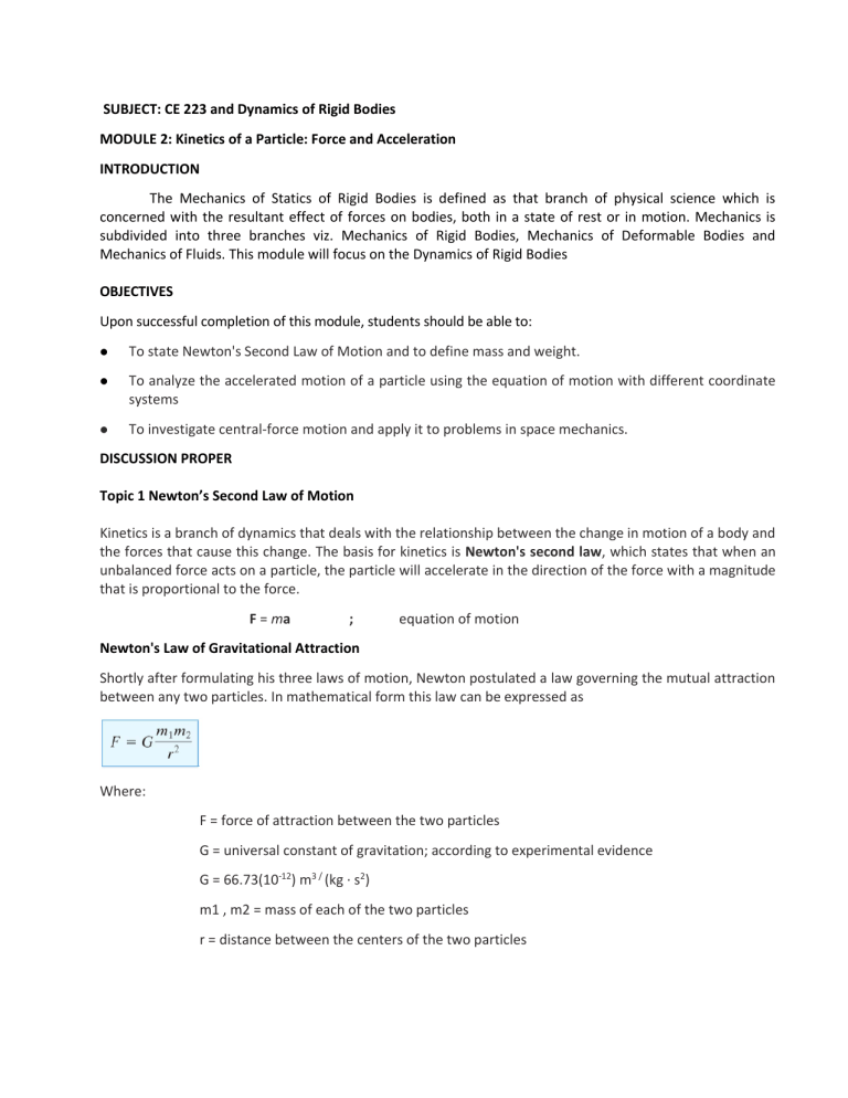 Kinetics of a Particle: Force, Acceleration, Work & Energy