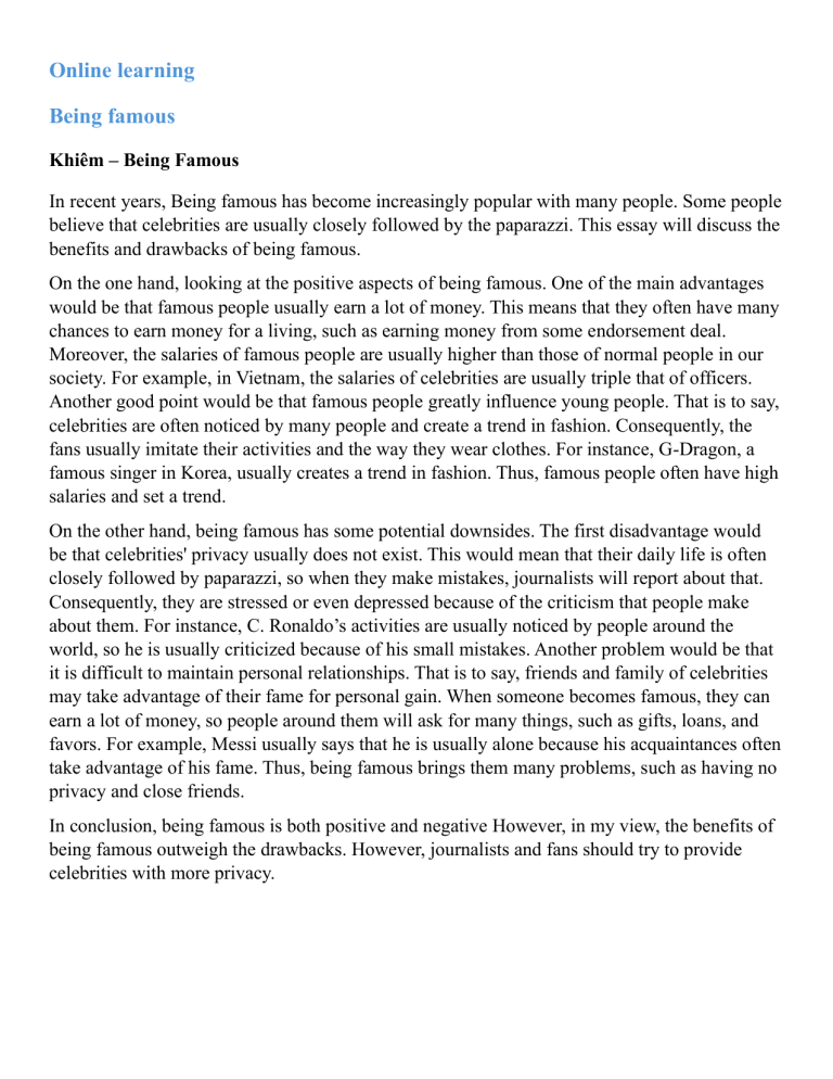 Being Famous: Benefits and Drawbacks Essay