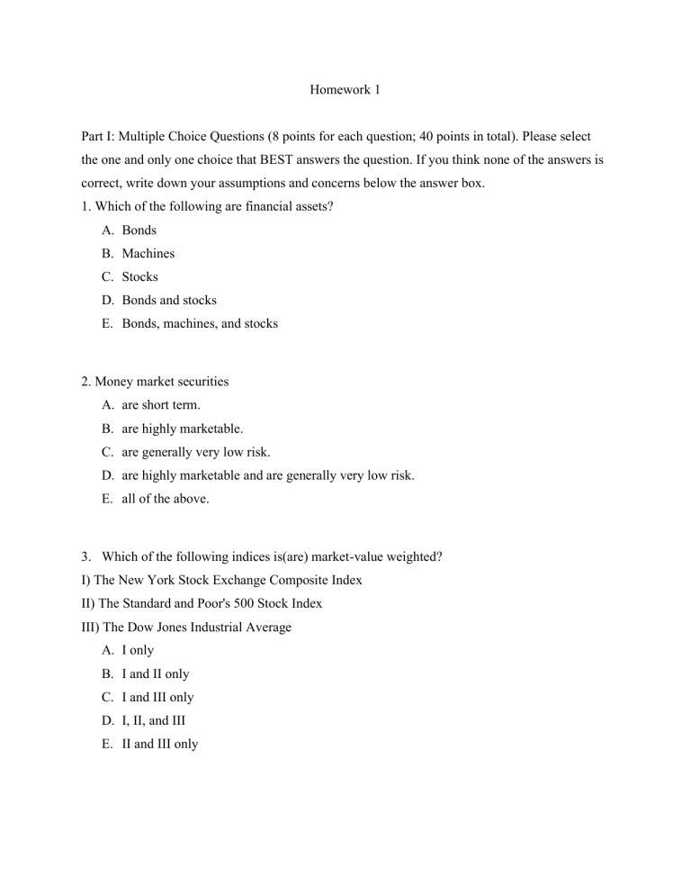 Finance Homework 1: Multiple Choice & Short Answer