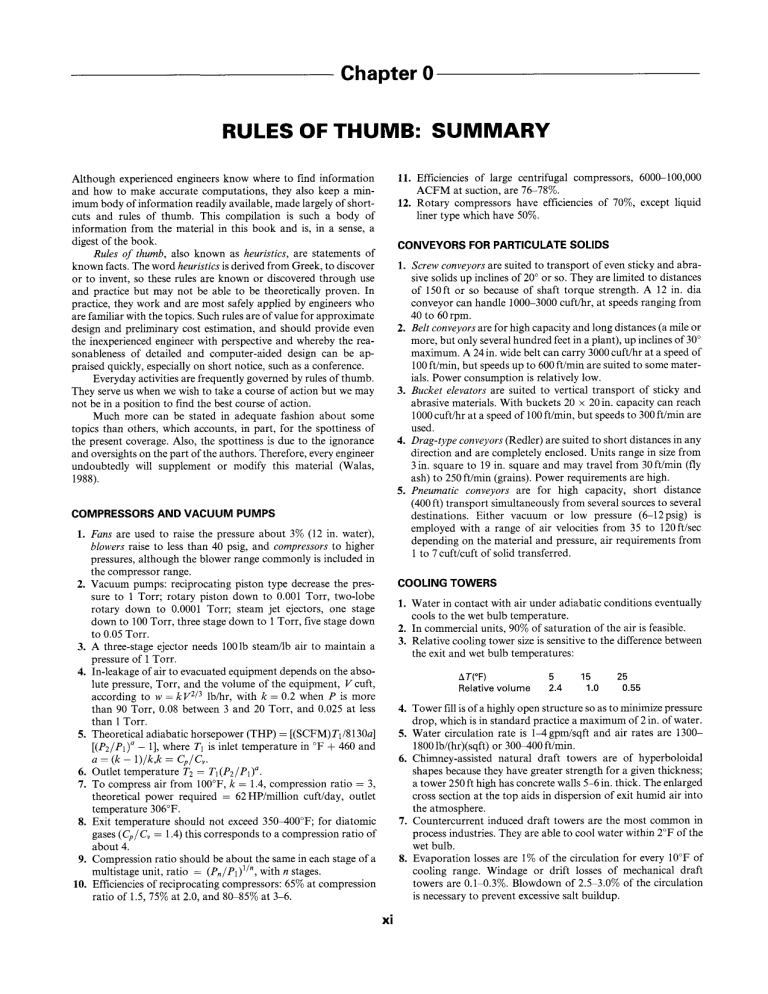 Chemical Engineering Rules of Thumb Summary