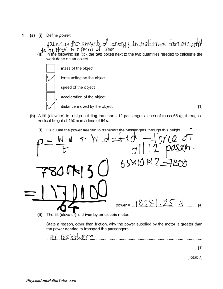 Physics Exam: Energy, Work, and Power
