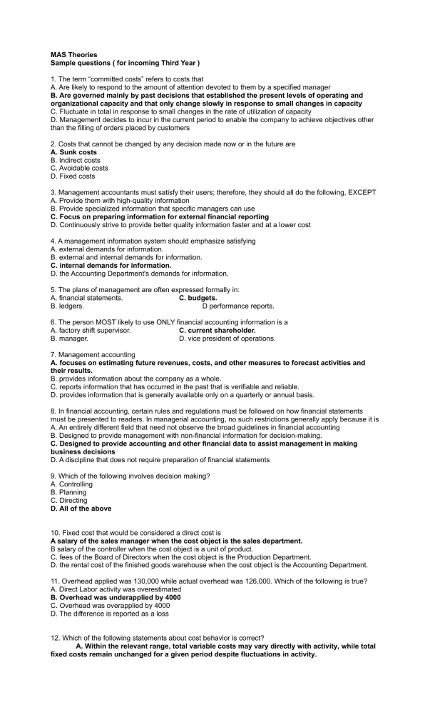 MAS Theories: Sample Questions for Third Year Students