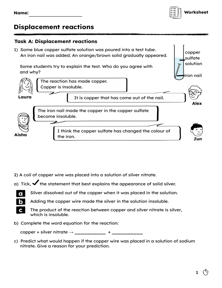 Displacement Reactions Worksheet: Chemistry Practice