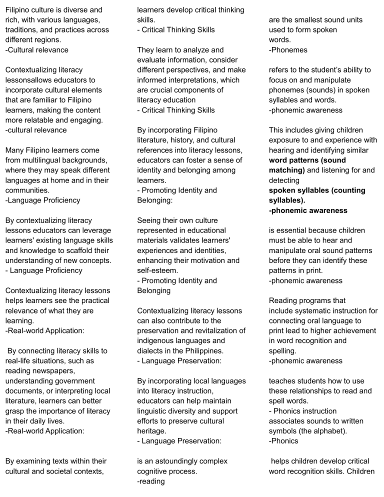 Literacy Education: Key Concepts & Filipino Context