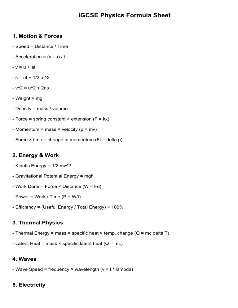 IGCSE Physics Formula Sheet: Key Equations & Concepts