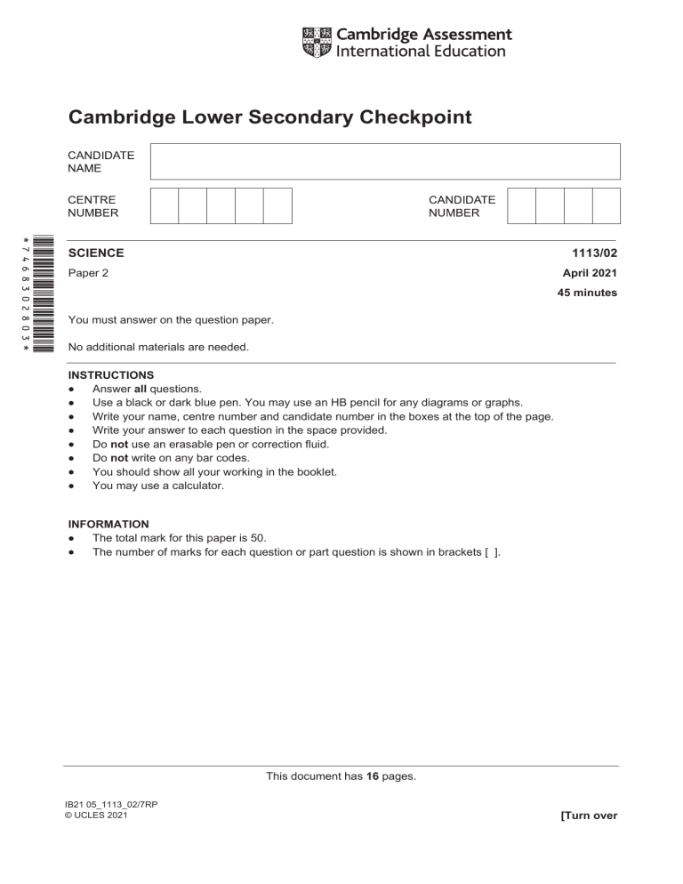 Cambridge Checkpoint Science Exam Paper 2 (April 2021)