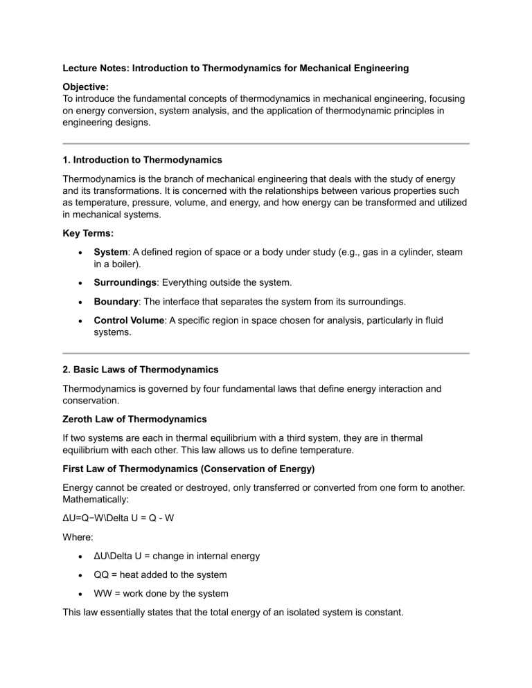 Thermodynamics Lecture Notes for Mechanical Engineering