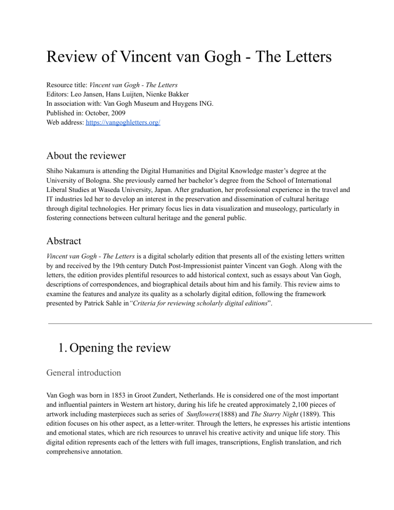 Van Gogh Letters Digital Edition Review