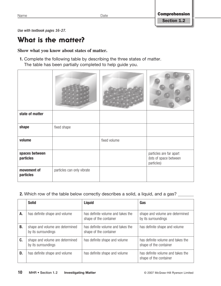 States of Matter & Atomic Structure Worksheet