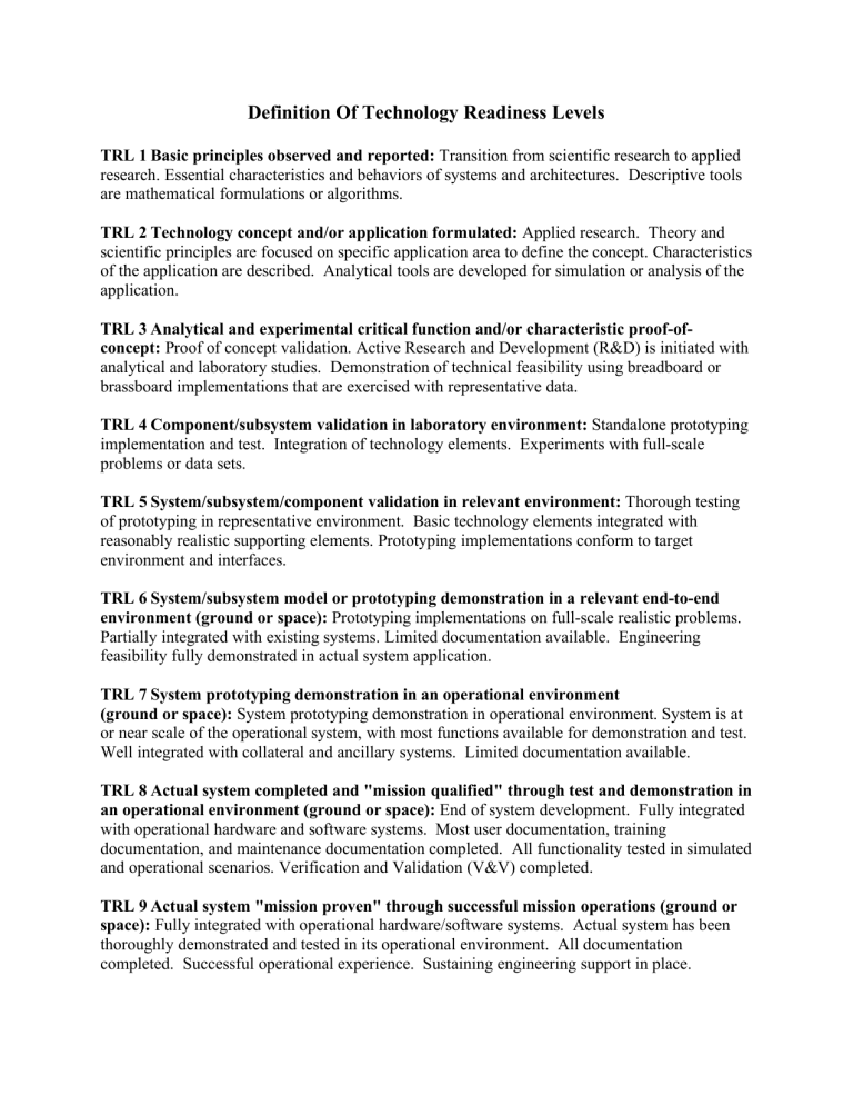 Technology Readiness Levels (TRL) Definition: Stages of Development