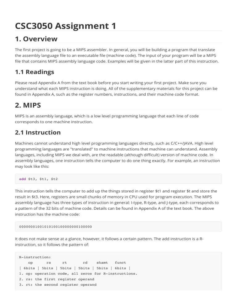 MIPS Assembler Assignment: CSC3050 Project 1
