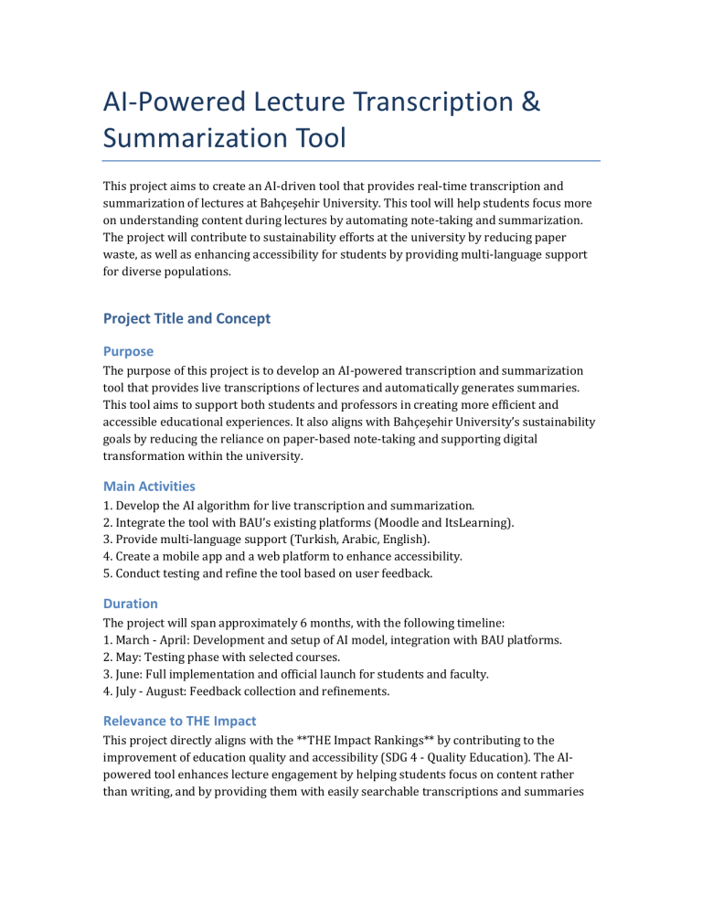 AI Lecture Transcription & Summarization Tool Project Proposal