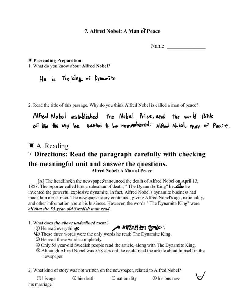 Alfred Nobel: Reading Comprehension Worksheet