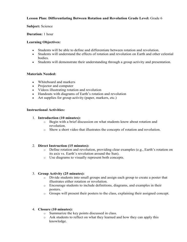 Rotation vs. Revolution: Grade 6 Science Lesson Plan