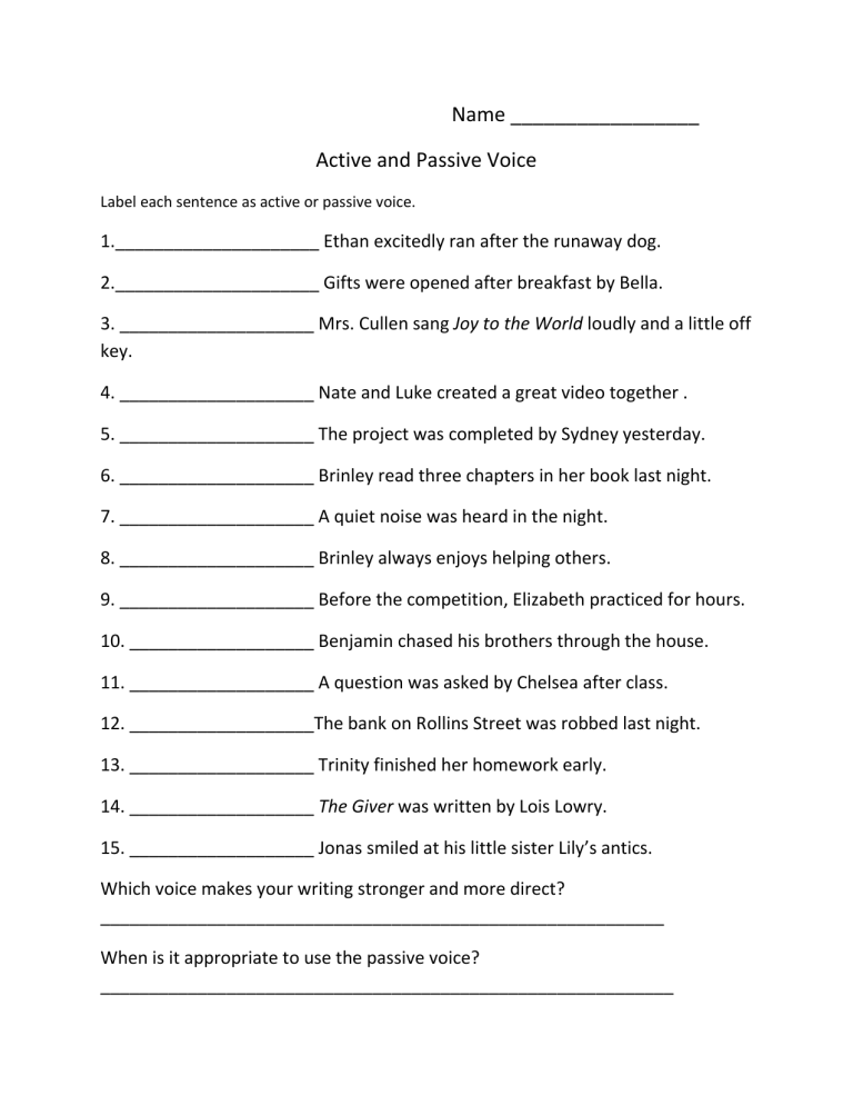 Active and Passive Voice Worksheet