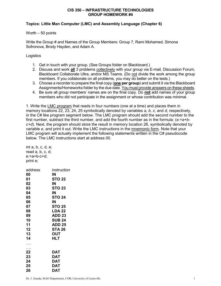 LMC & Assembly Homework: Programming & Memory Manipulation