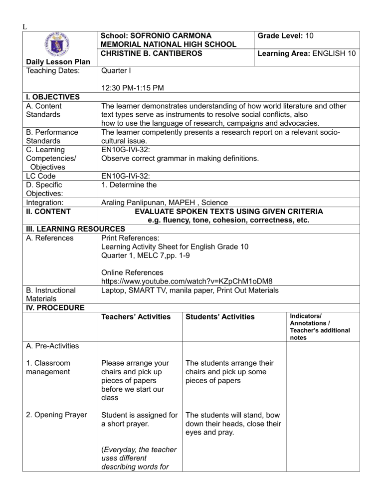 English 10: Evaluating Spoken Texts Lesson Plan