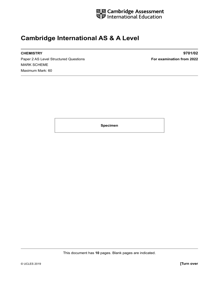 Cambridge AS Level Chemistry Mark Scheme 9701/02
