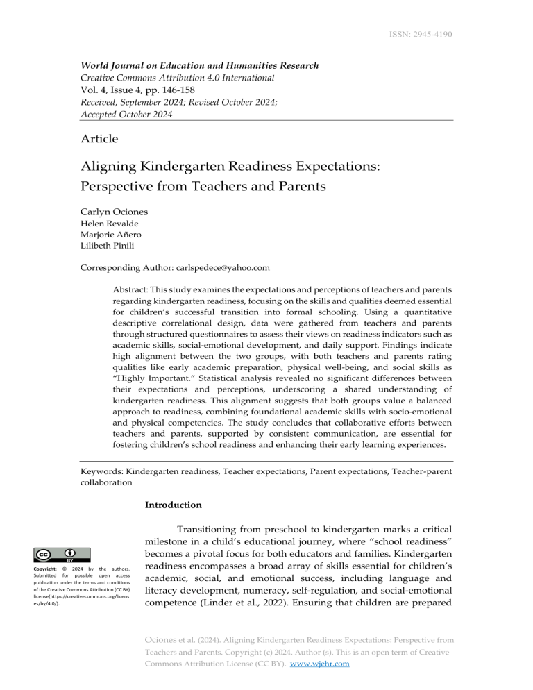 Kindergarten Readiness: Teacher & Parent Expectations