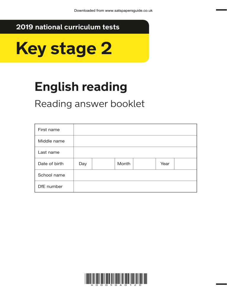 Key Stage 2 English Reading Answer Booklet 2019