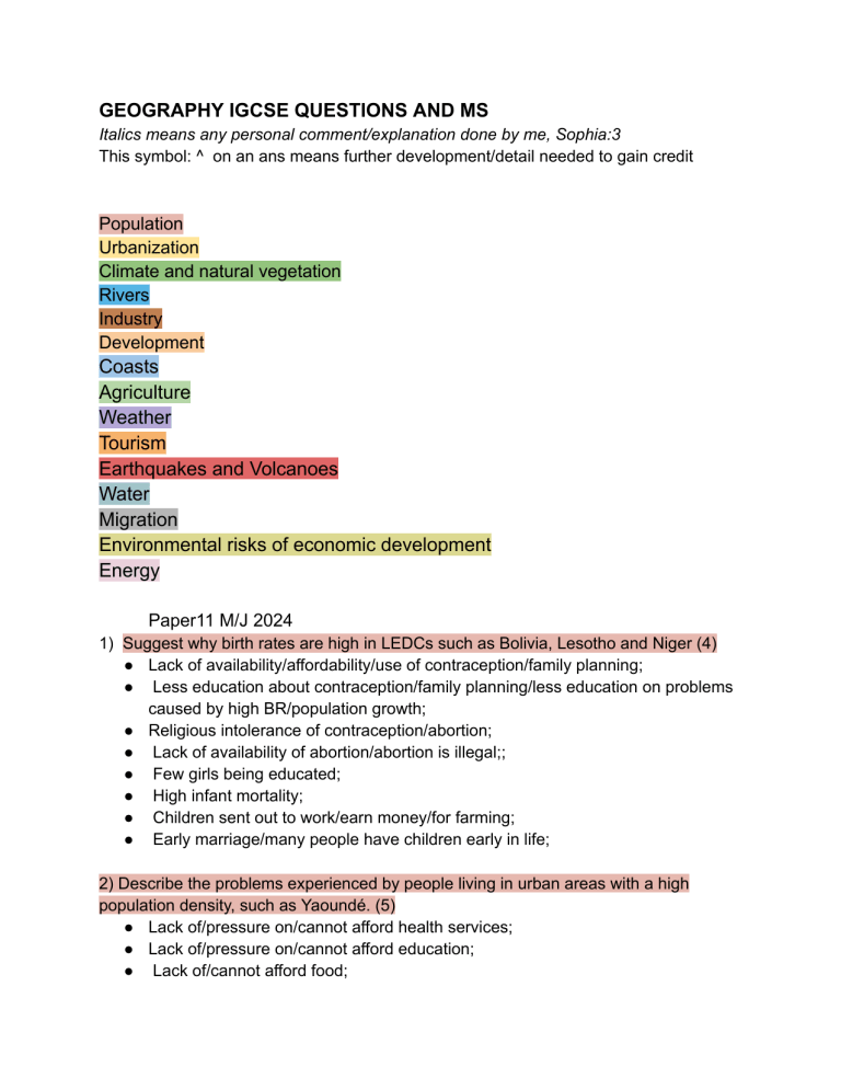 IGCSE Geography Questions & Mark Scheme - Paper 1