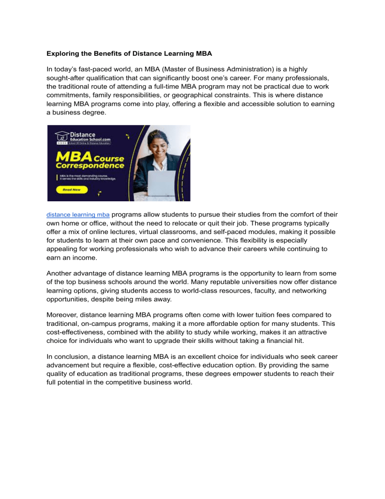 Distance Learning MBA Benefits: Flexible Education
