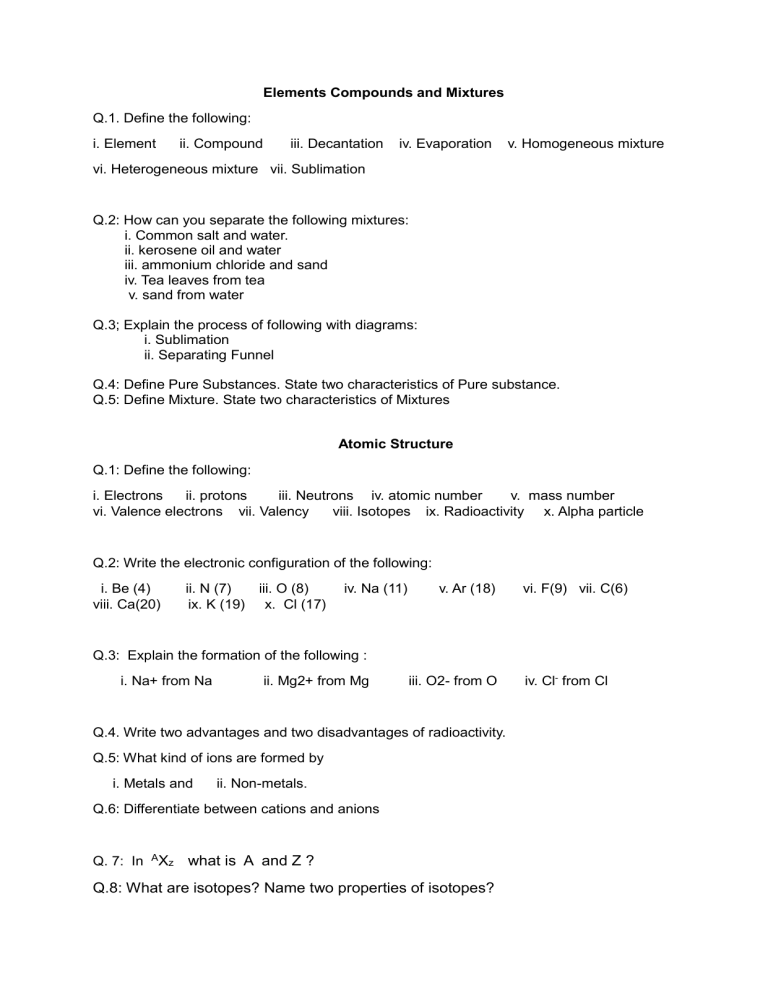 Chemistry Worksheet: Elements, Atoms, Reactions, and More