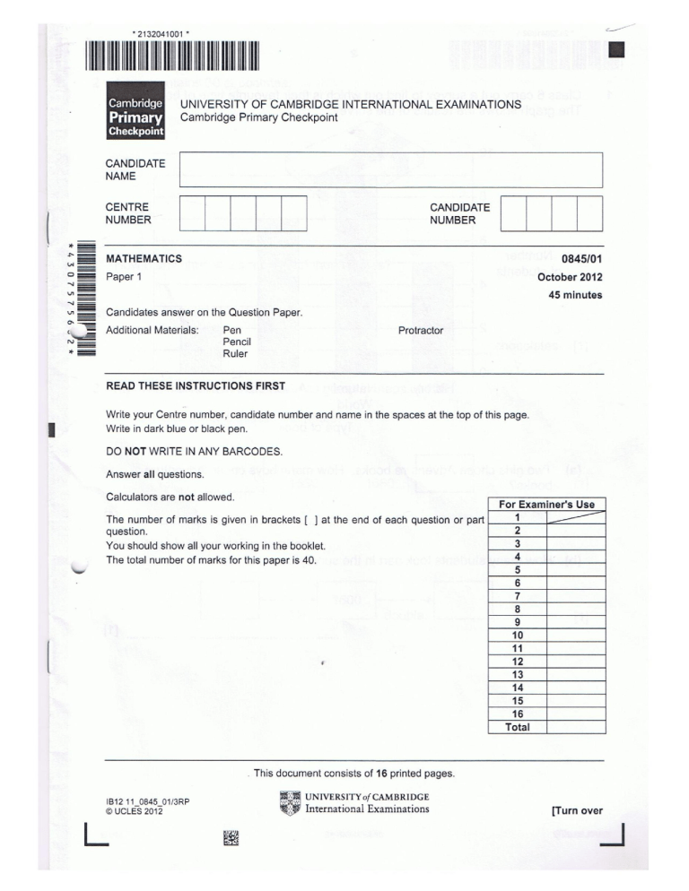 Cambridge Primary Checkpoint Math Exam Paper 1
