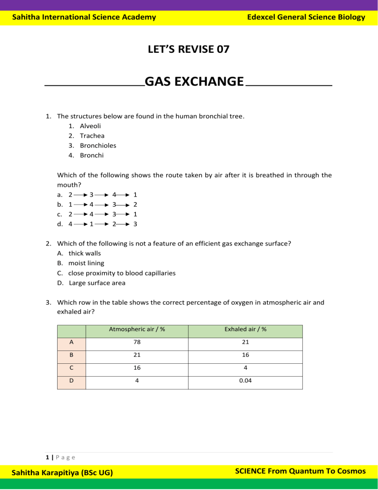 Gas Exchange Revision: Edexcel Biology Worksheet
