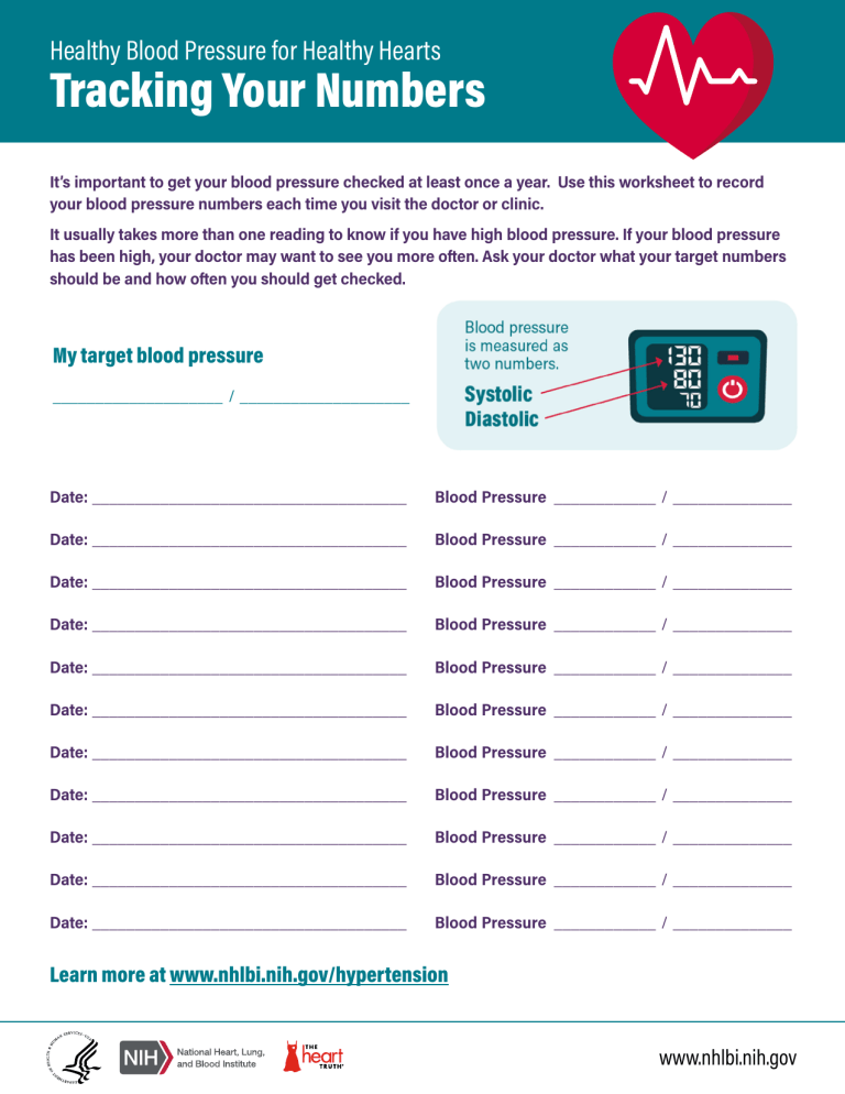 Blood Pressure Tracking Worksheet for Healthy Hearts