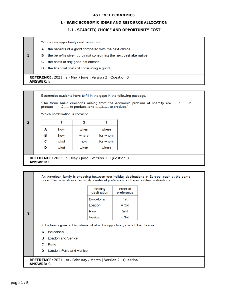 AS Level Economics: Scarcity, Choice, Opportunity Cost Q&A