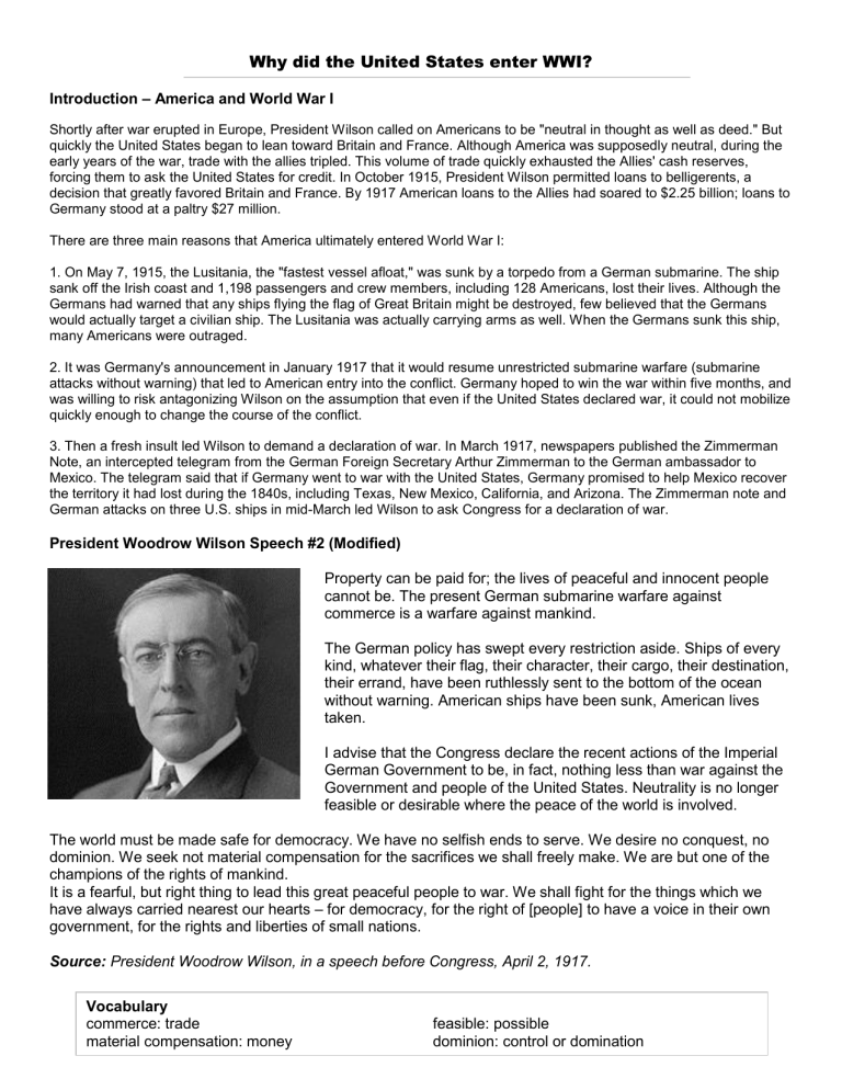 US Entry into WWI: Causes, Wilson & Zinn Perspectives