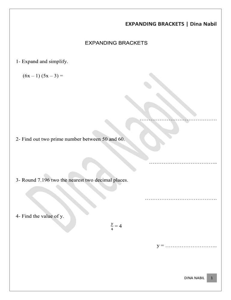 Expanding Brackets Worksheet | Middle School Math