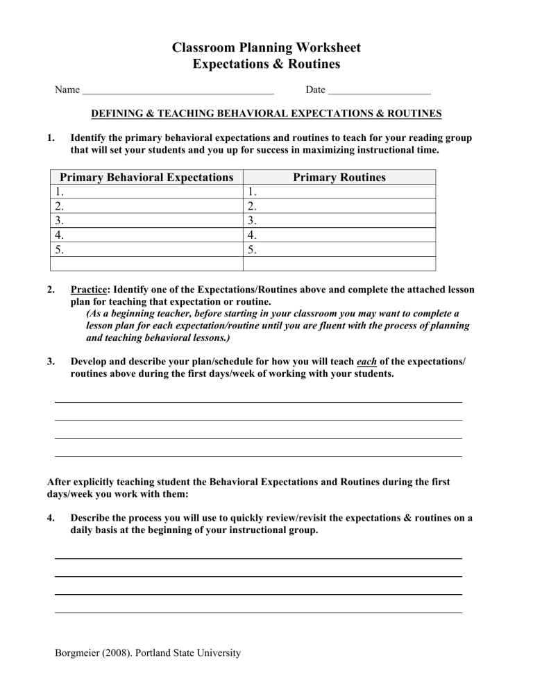 Classroom Planning: Expectations & Routines Worksheet