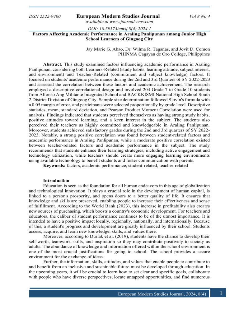 Araling Panlipunan Academic Performance Factors: Gingoog City