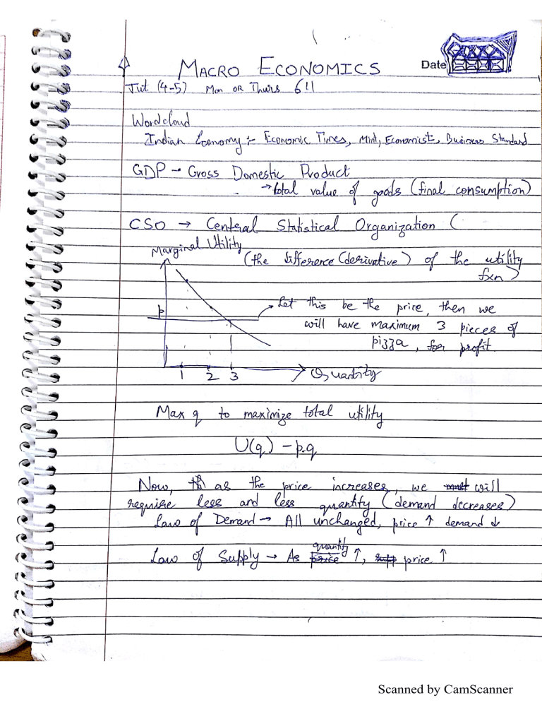 Macro Economics Lecture Notes: GDP, Utility, Demand & Supply