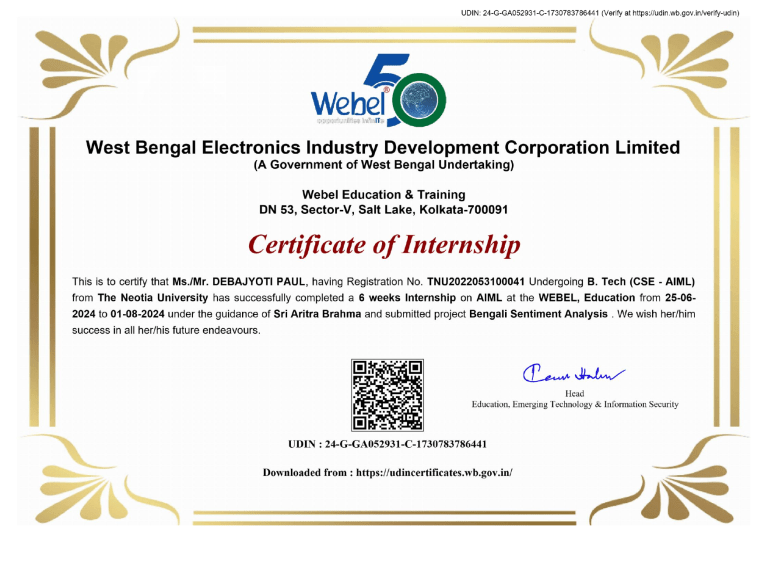 Internship Certificate - AIML, WEBEL Education