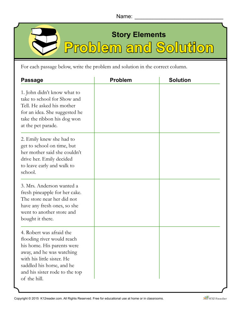 Problem and Solution Worksheet: Story Elements