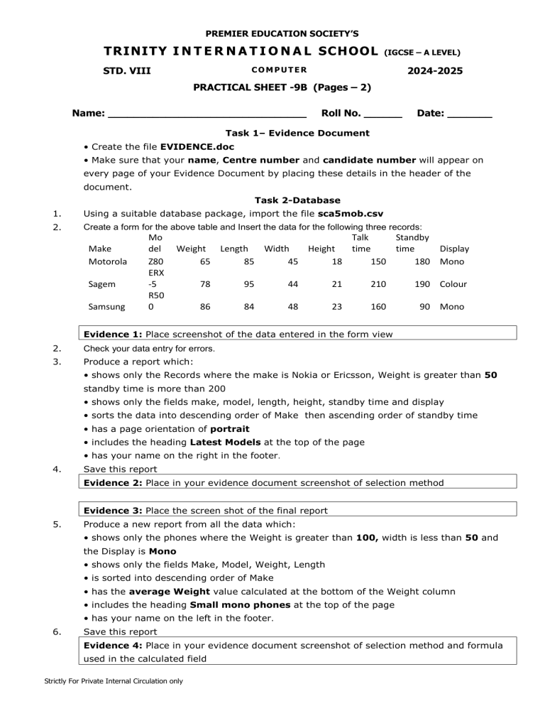 Computer Practical Sheet - Database Tasks