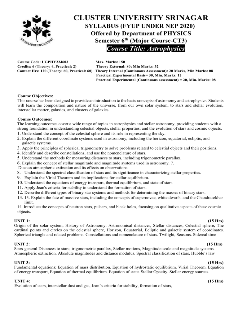 Astrophysics Syllabus - Cluster University Srinagar