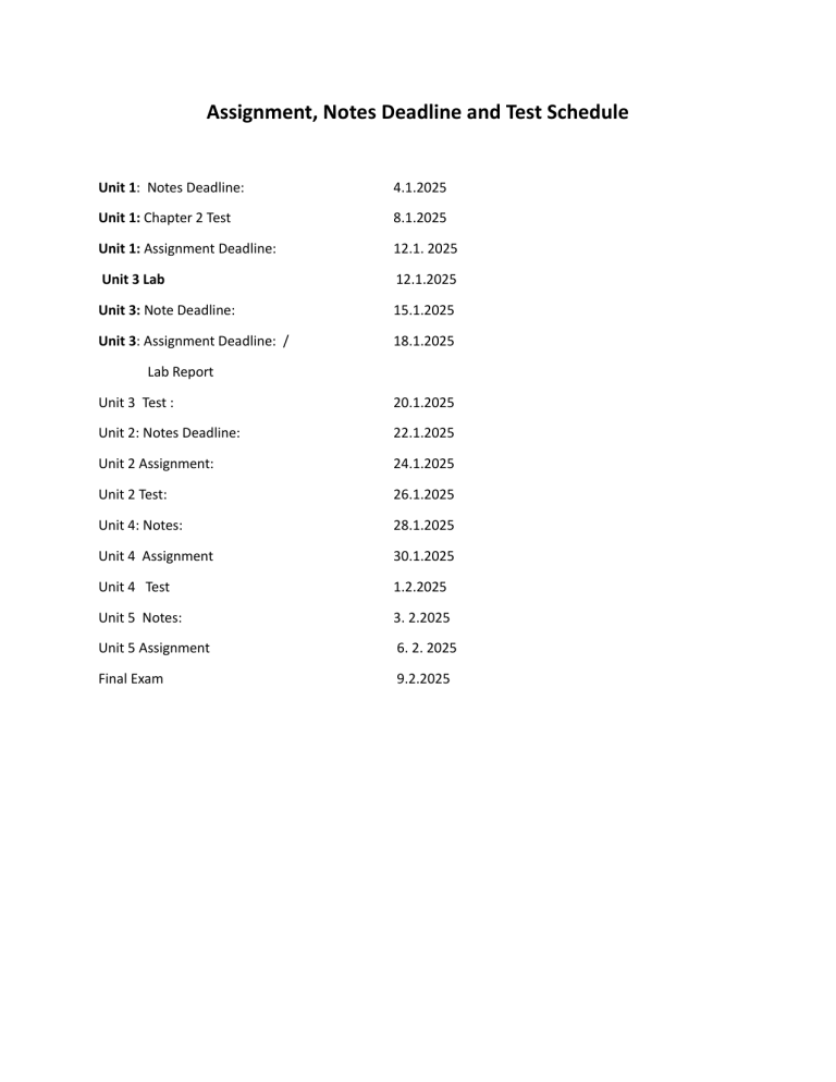 Assignment & Test Schedule - Units 1-5