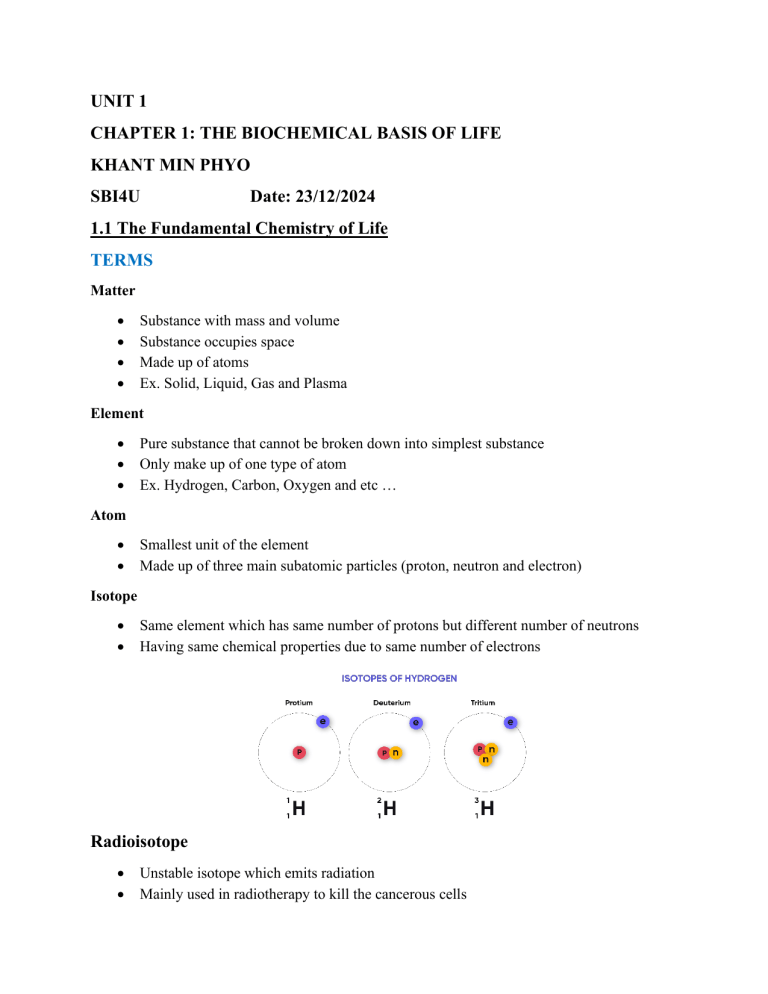 Biochemistry Lecture Notes: Life's Chemical Basis
