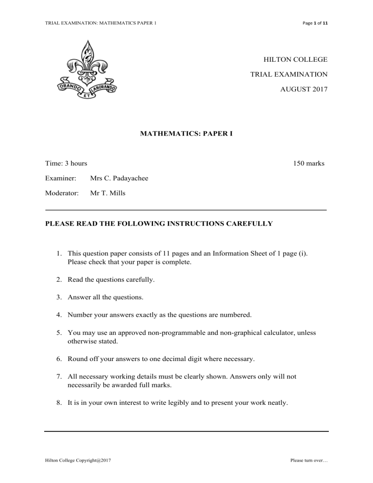 Mathematics Paper 1 Trial Exam - Hilton College